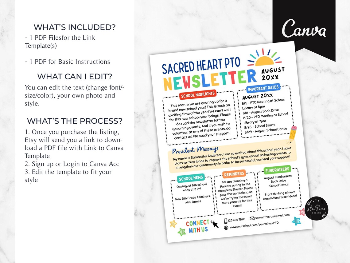 Editable PTO PTA Newsletter Flyer: School Calendar CANVA Template - Etsy