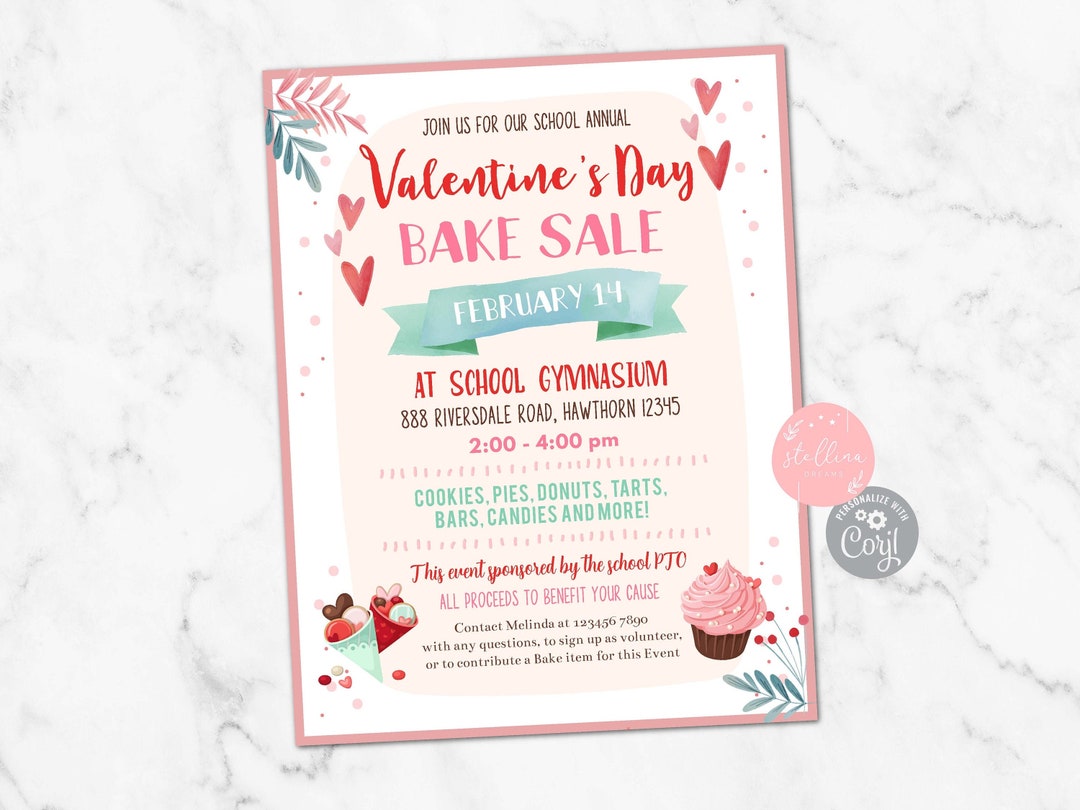 Valentine's Day Bake Sale Flyer, PTA PTO Printable, School Fundraising ...