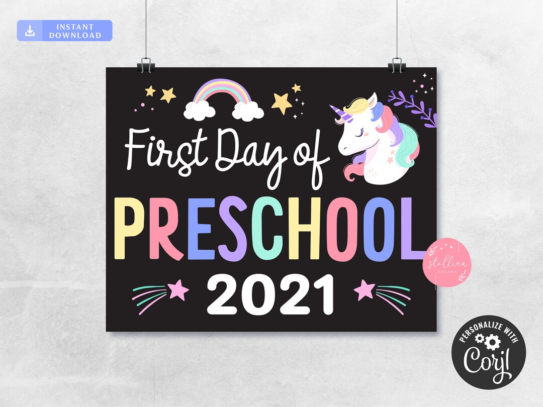 Unicorn First Day of Preschool Sign, Rainbow First Day of School Sign ...