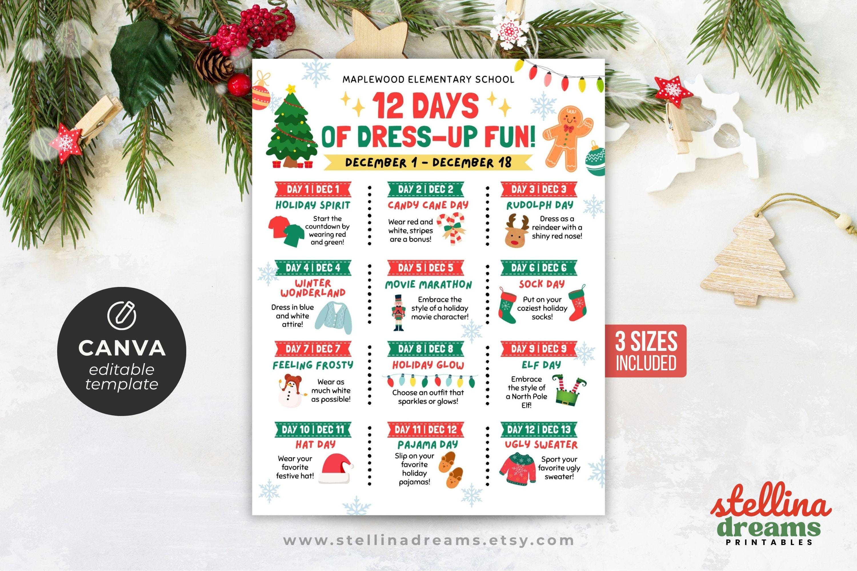 12 Days of Christmas Dress up Flyer | School Spirit Week Schedule ...