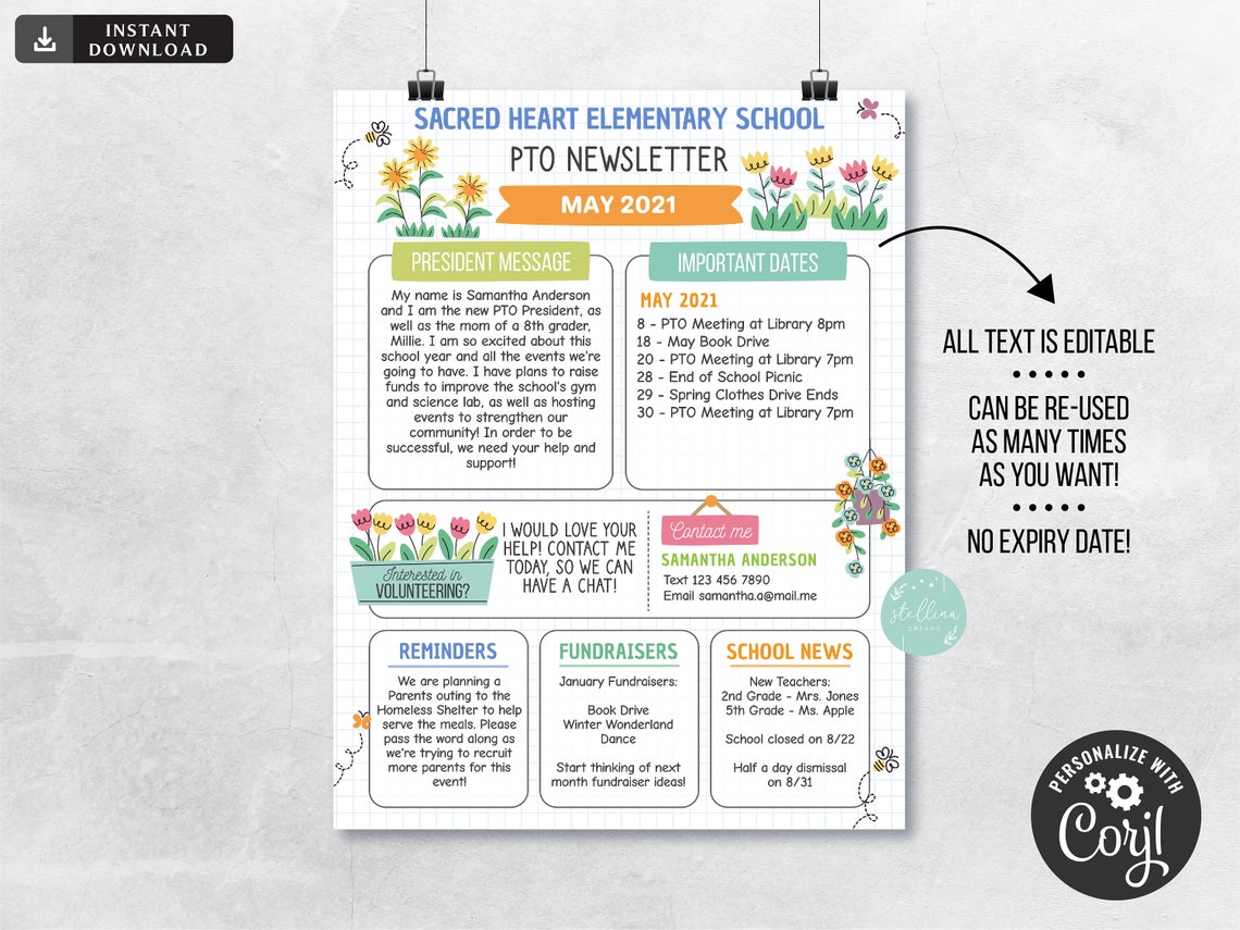 May PTO PTA Newsletter Flyer, Spring Printable Handout, School Year ...