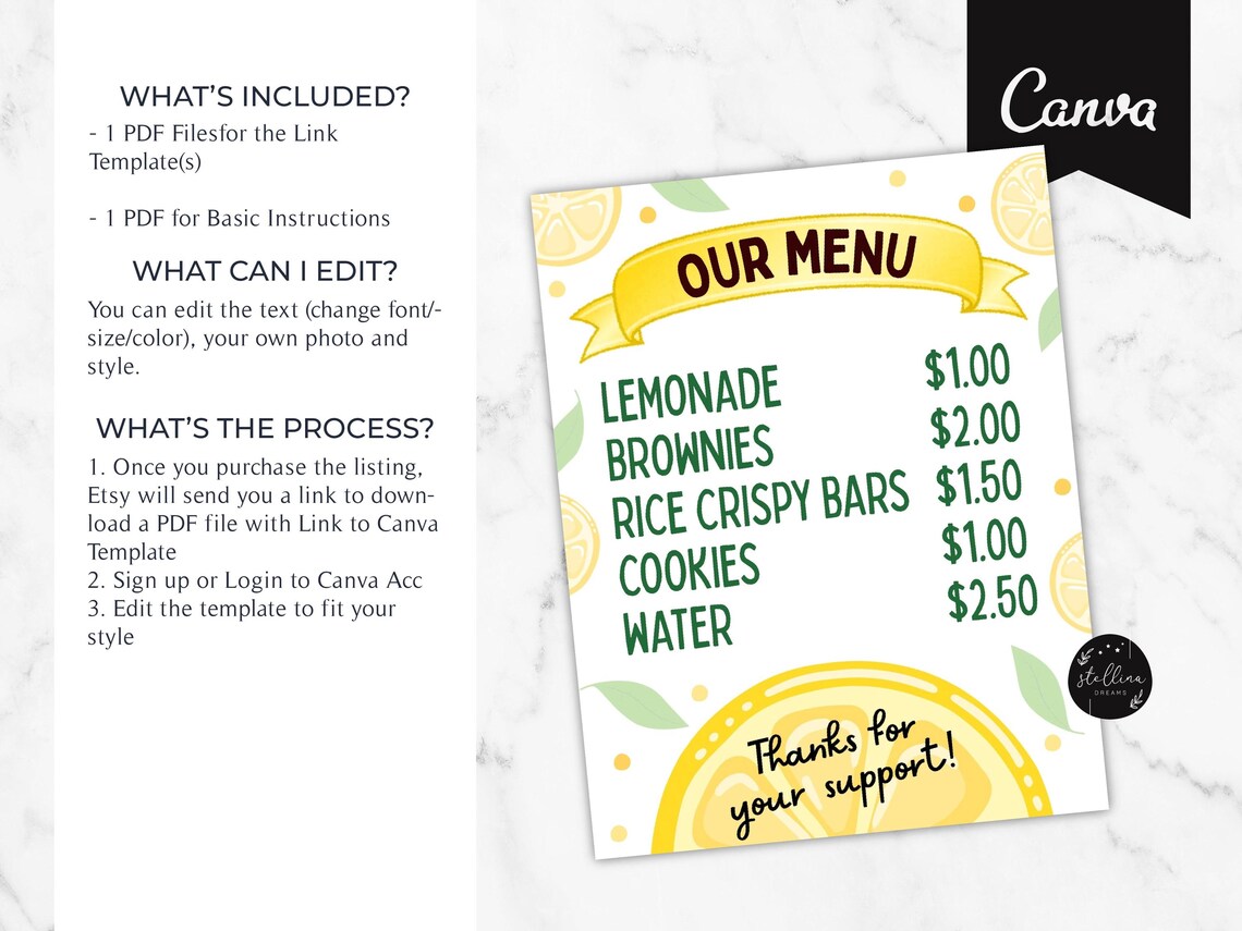 Editable Lemonade Stand Menu: Kids Pricing Sign, Summer CANVA Template ...