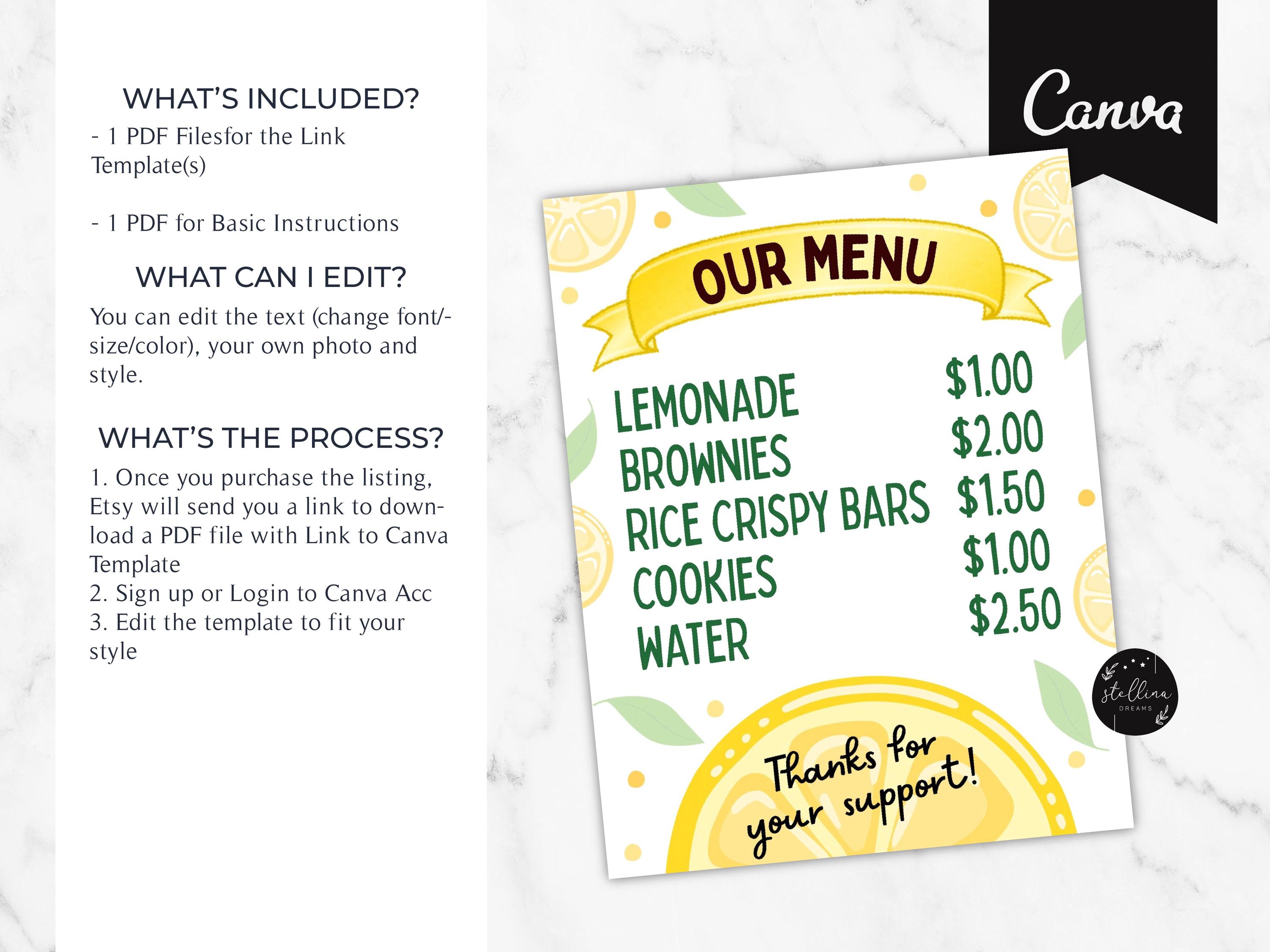 Editable Lemonade Stand Menu: Kids Pricing Sign, Summer CANVA Template ...