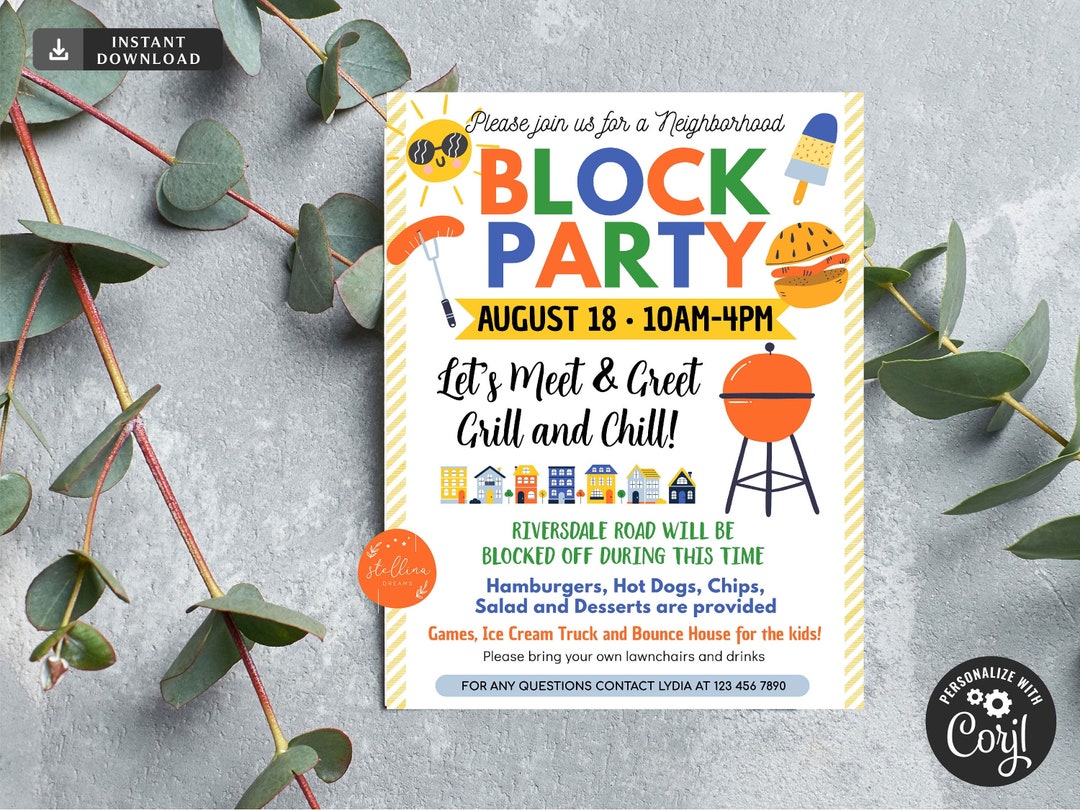 Neighborhood Block Party Invite, Bbq Picnic Summer Party, Announcement ...