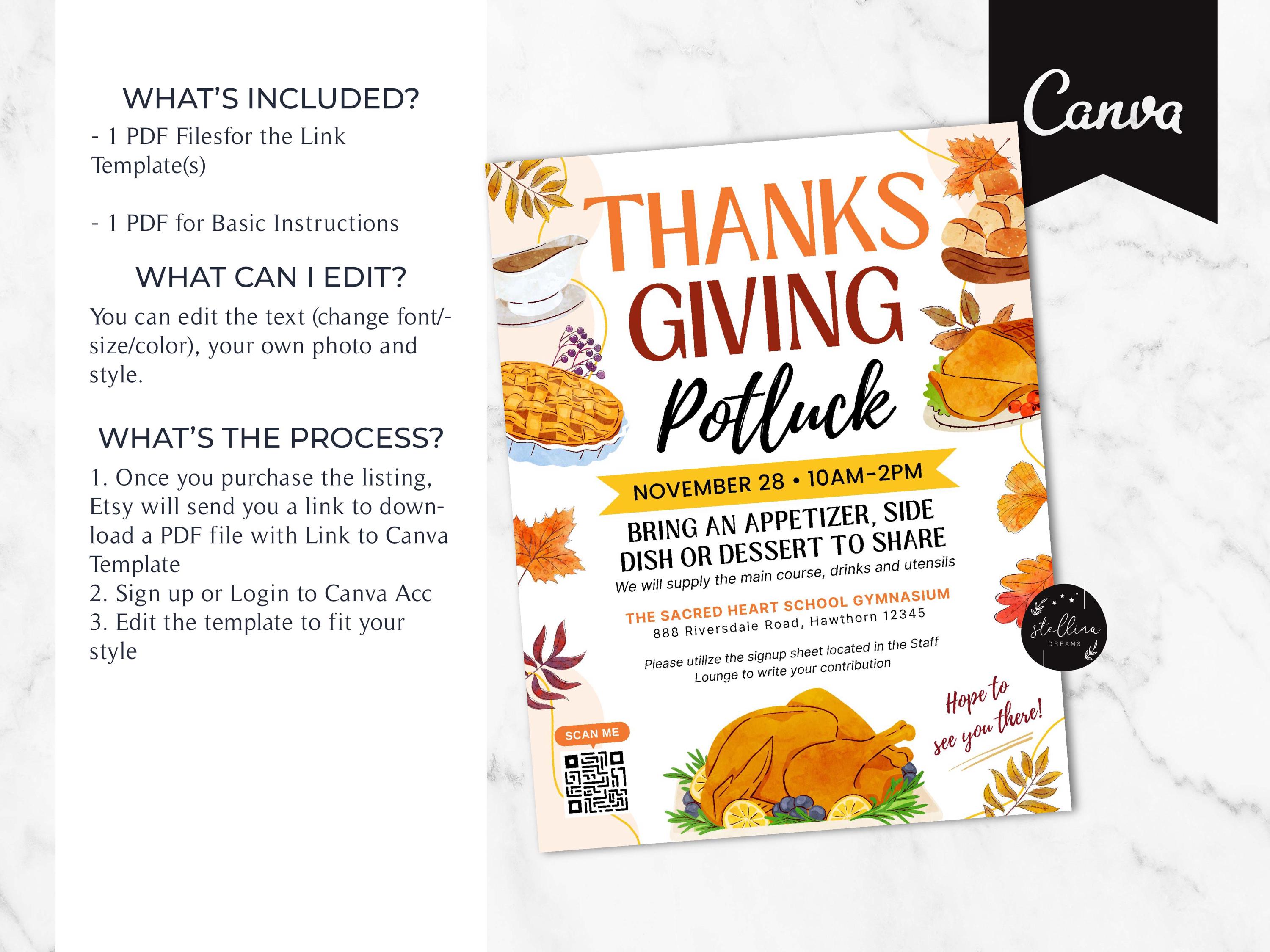 Thanksgiving Potluck Flyer & Sign up Sheet Set, Editable CANVA Template ...