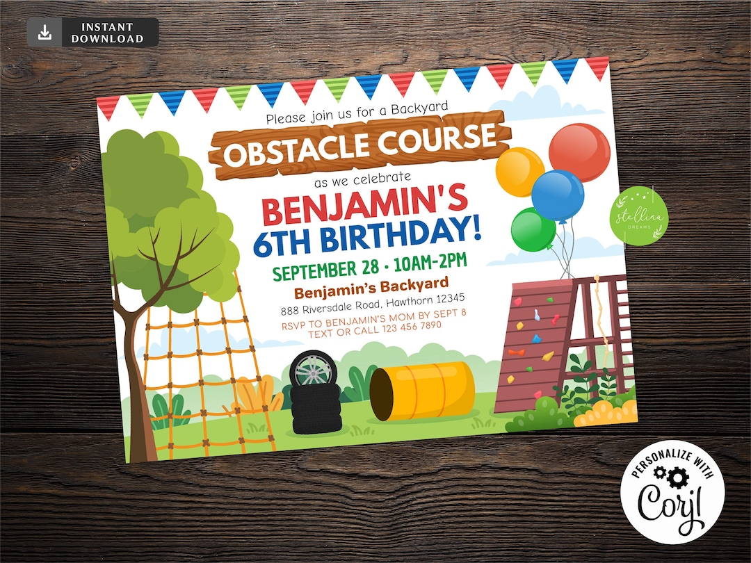 Editable Obstacle Course Birthday Invitations Outdoor Adventure Park ...