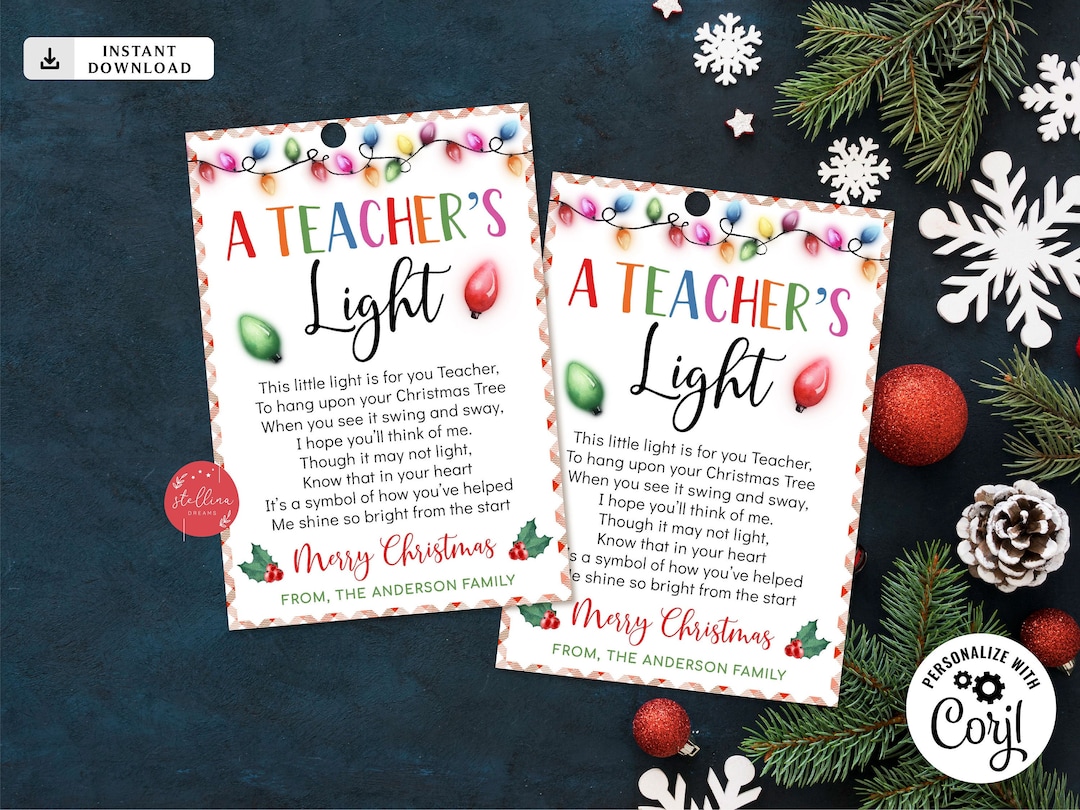 EDITABLE A Teachers Light Gift Tag, Glitter Ornament Gift Idea, Teacher ...