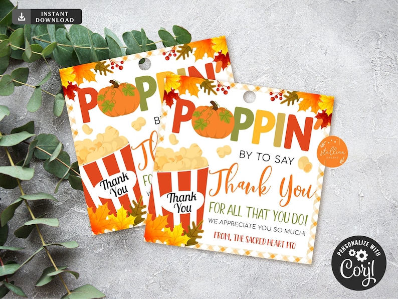 Editable Fall Popcorn Gift Tag, Volunteer Teacher Staff Employee School ...