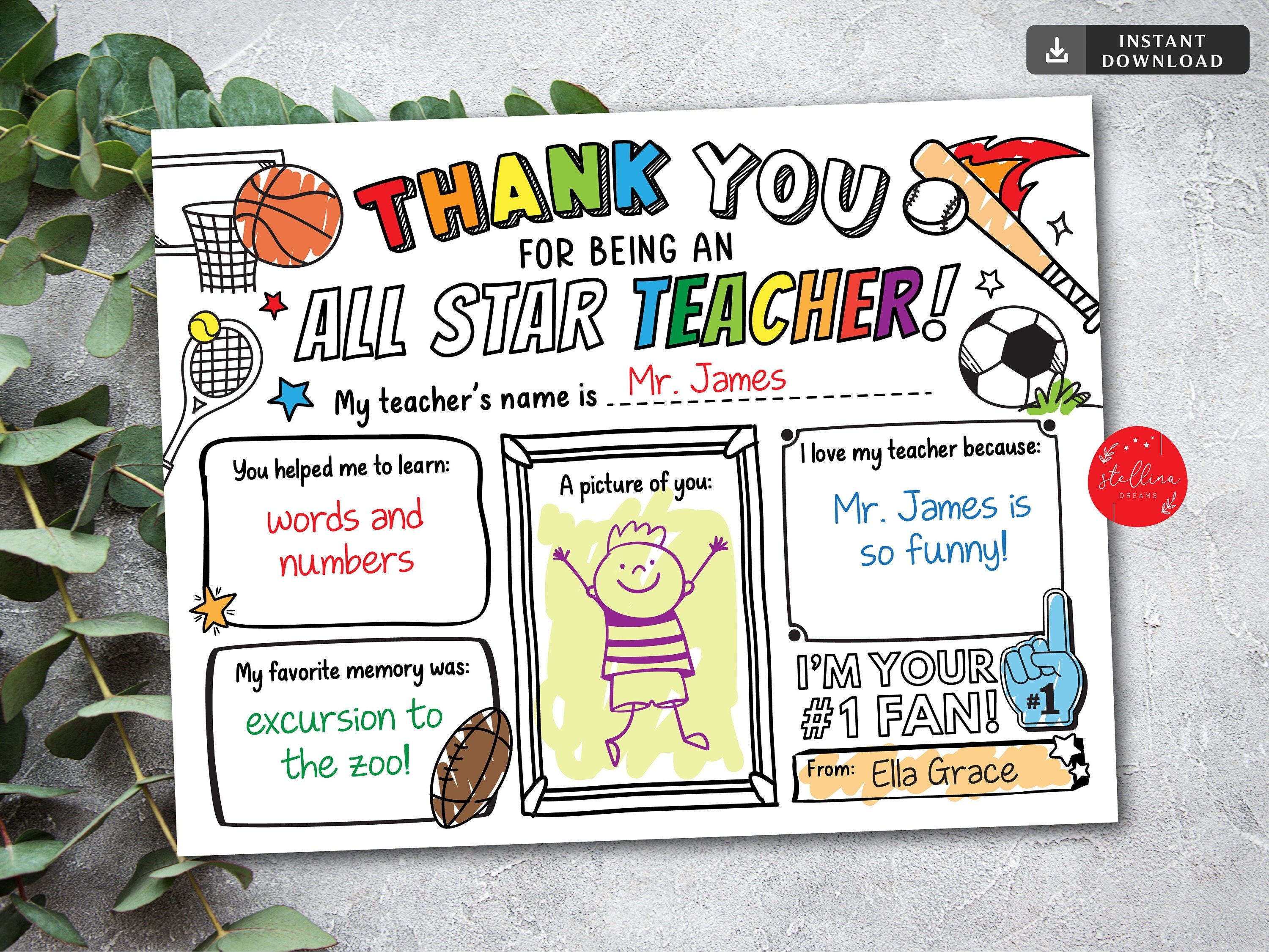 Sports All Star Teacher Appreciation Printable: Coloring Page (instant ...