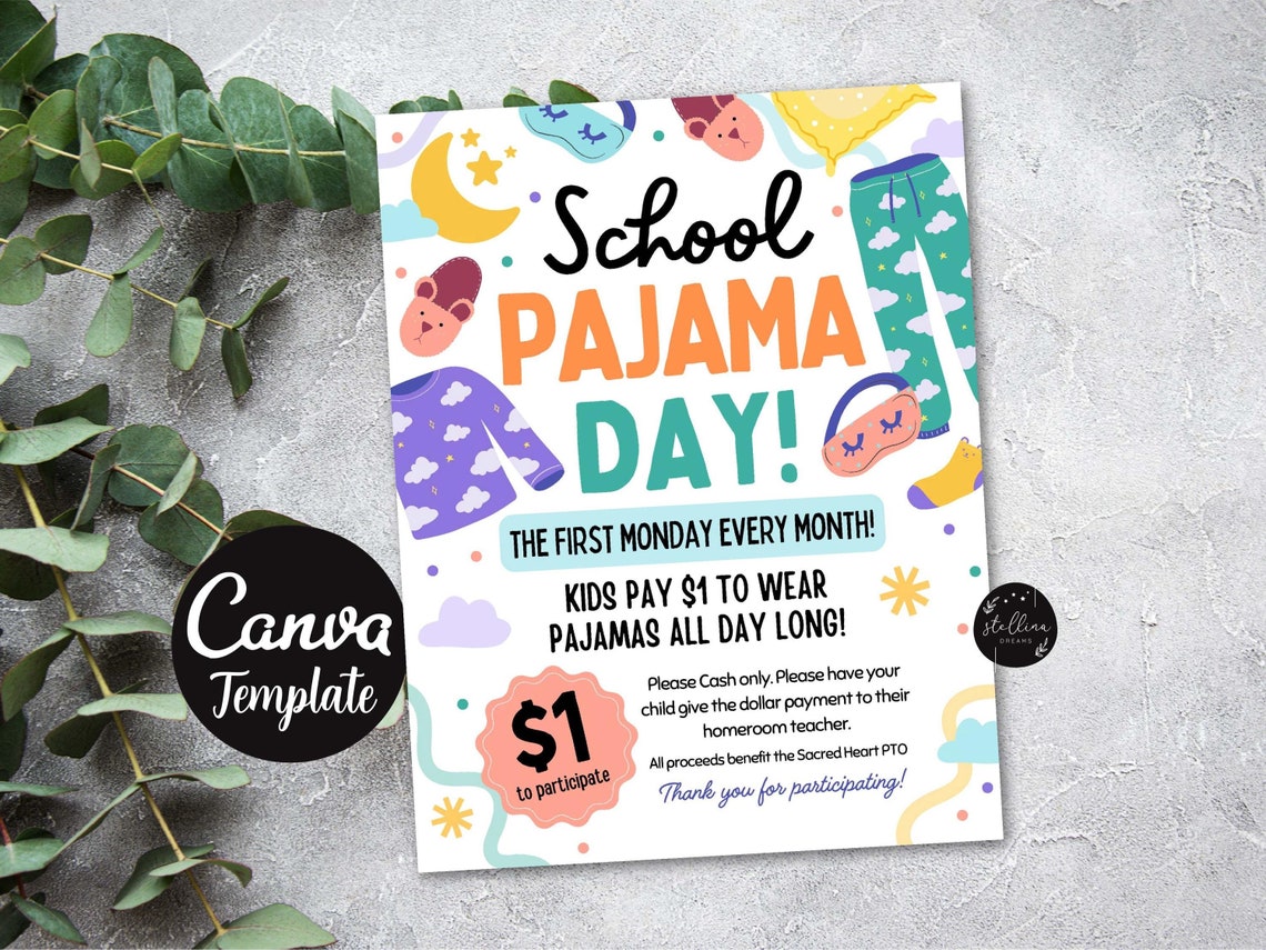Editable School Pajama Day Flyer, School Spirit Party, Kids Elementary ...