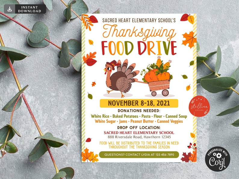 Editable Thanksgiving Food Drive Flyer: School Fundraiser (digital ...
