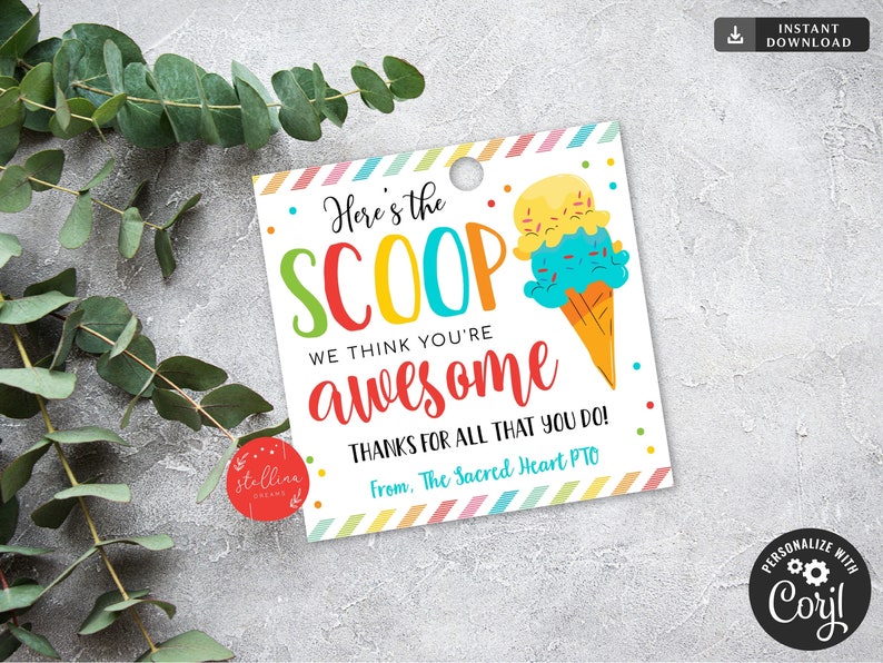 EDITABLE Ice Cream Gift Tag, Here's the Scoop You're Awesome, Summer ...