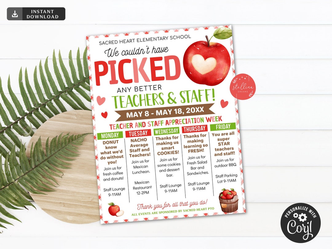 EDITABLE Teacher Appreciation Week Itinerary Schedule Template, Apple ...