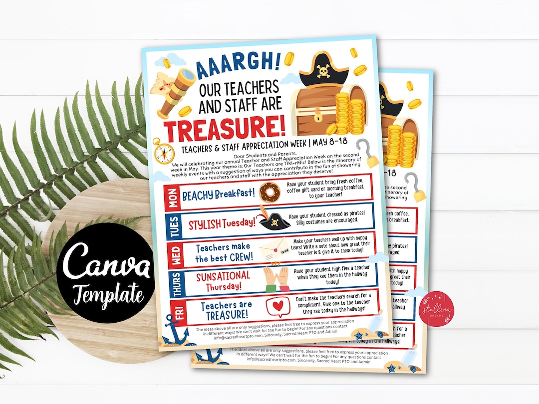 Editable Pirate Themed Teacher Appreciation Week Itinerary Take Home ...