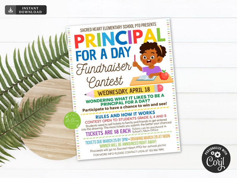 Principal for a Day Contest Fundraiser Flyer, EDITABLE Template ...