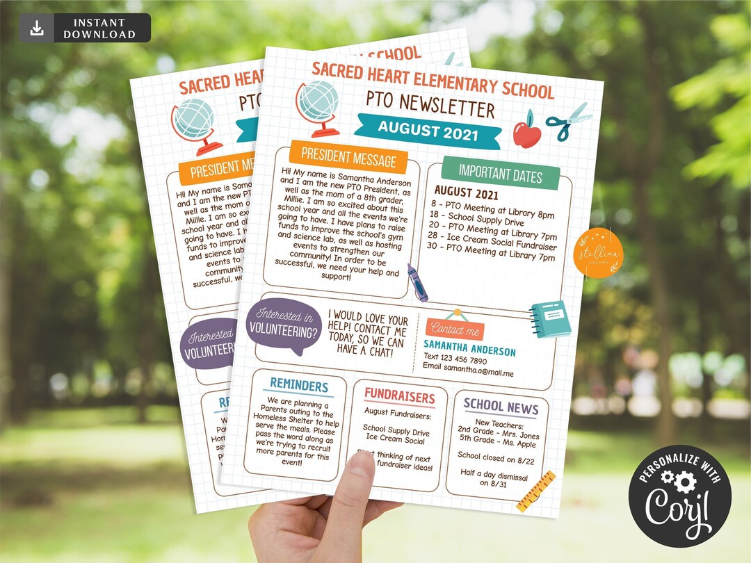 August PTO PTA Newsletter Flyer, Classroom Printable Handout, School ...