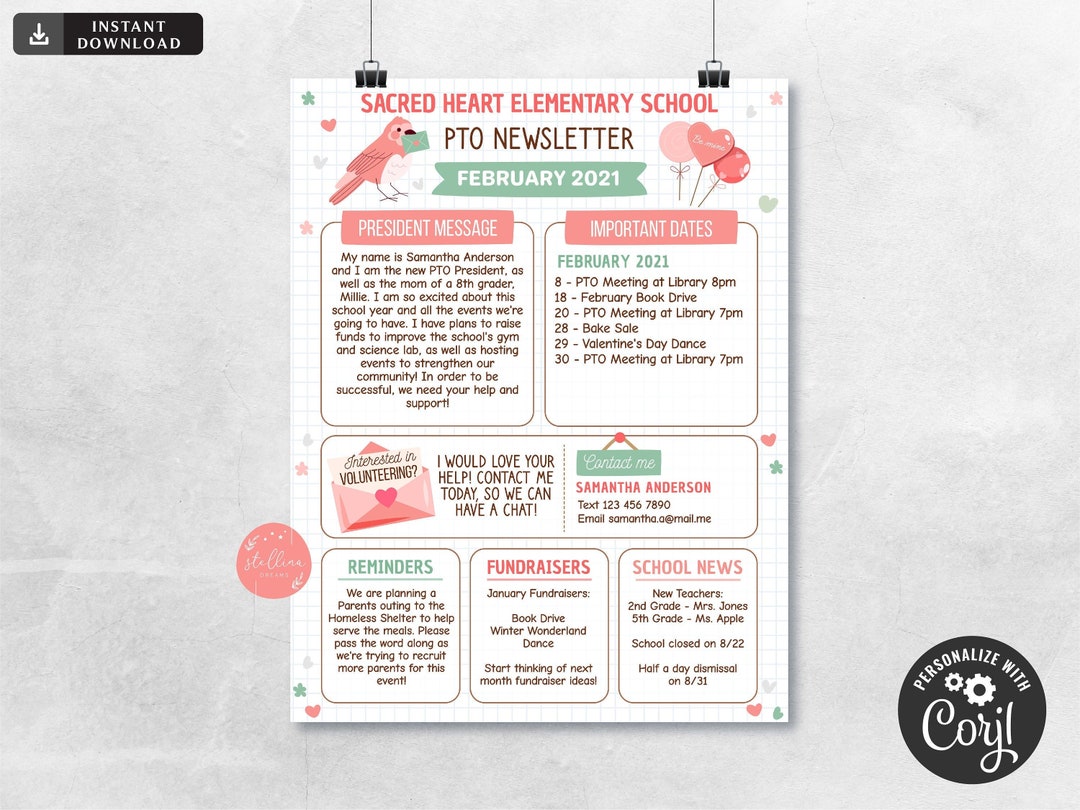 February PTO PTA Newsletter Flyer, Winter Printable Handout, School ...