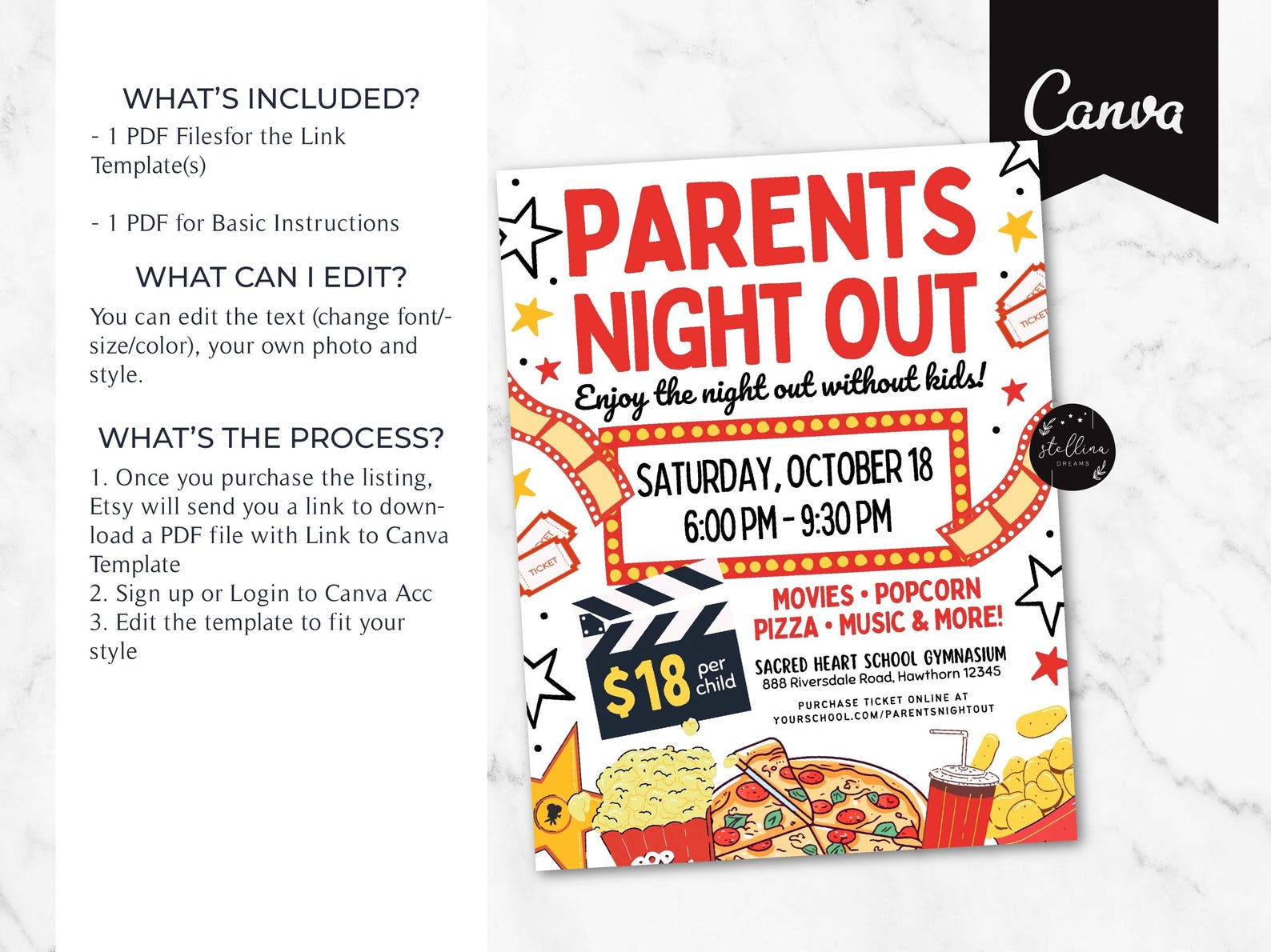 Editable Parents Night Out Movie Flyer: School Event Canva Template ...