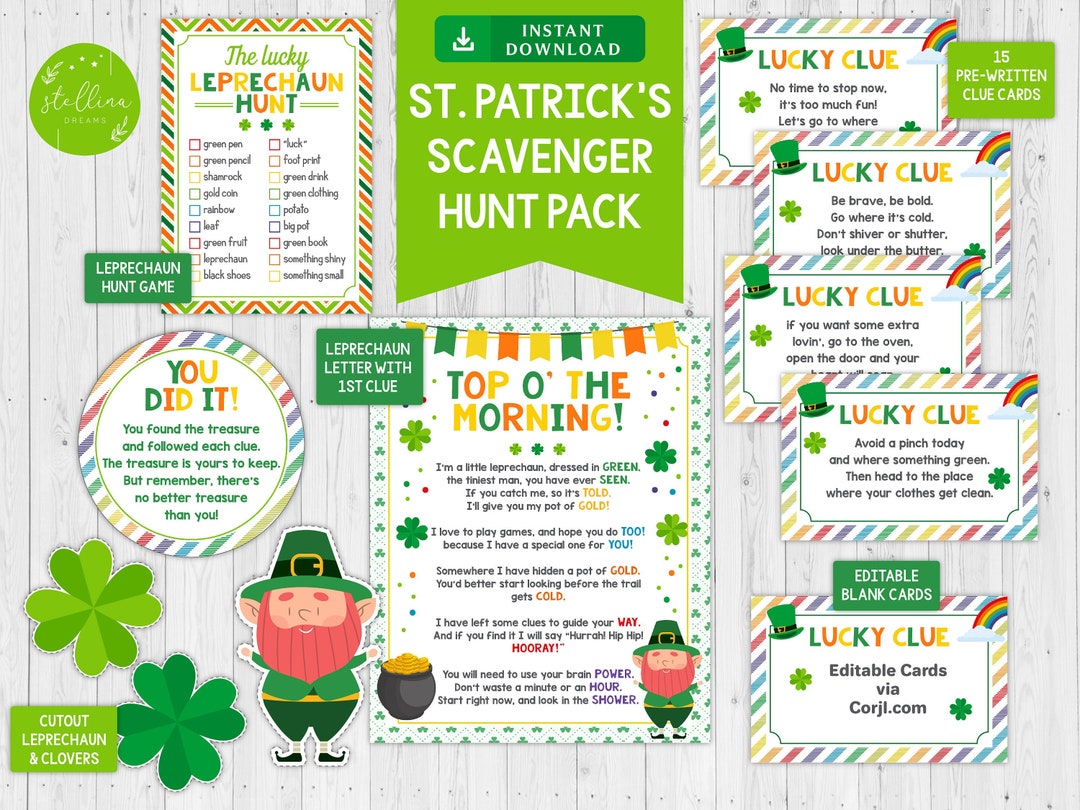 St Patricks Day Scavenger Hunt Activity Bundle, Leprechaun Printable ...
