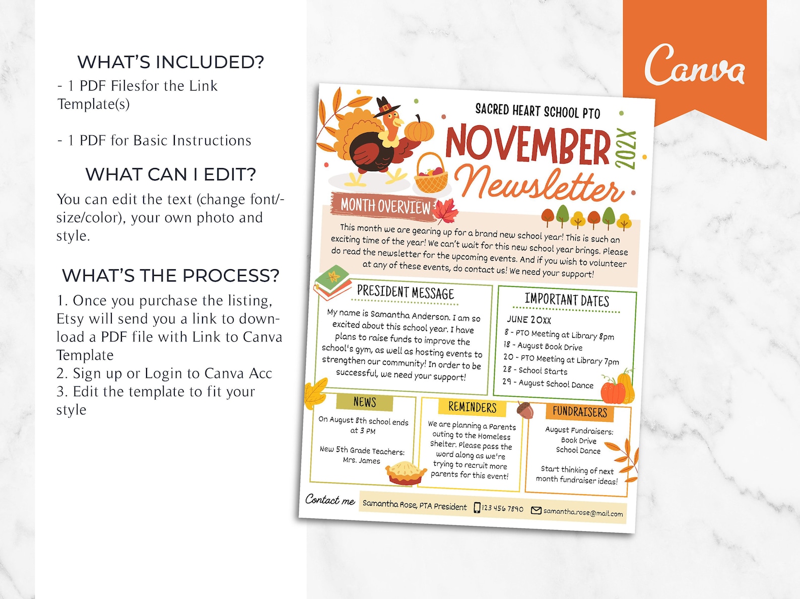 November PTO PTA Newsletter Flyer: Editable Canva Template (digital ...