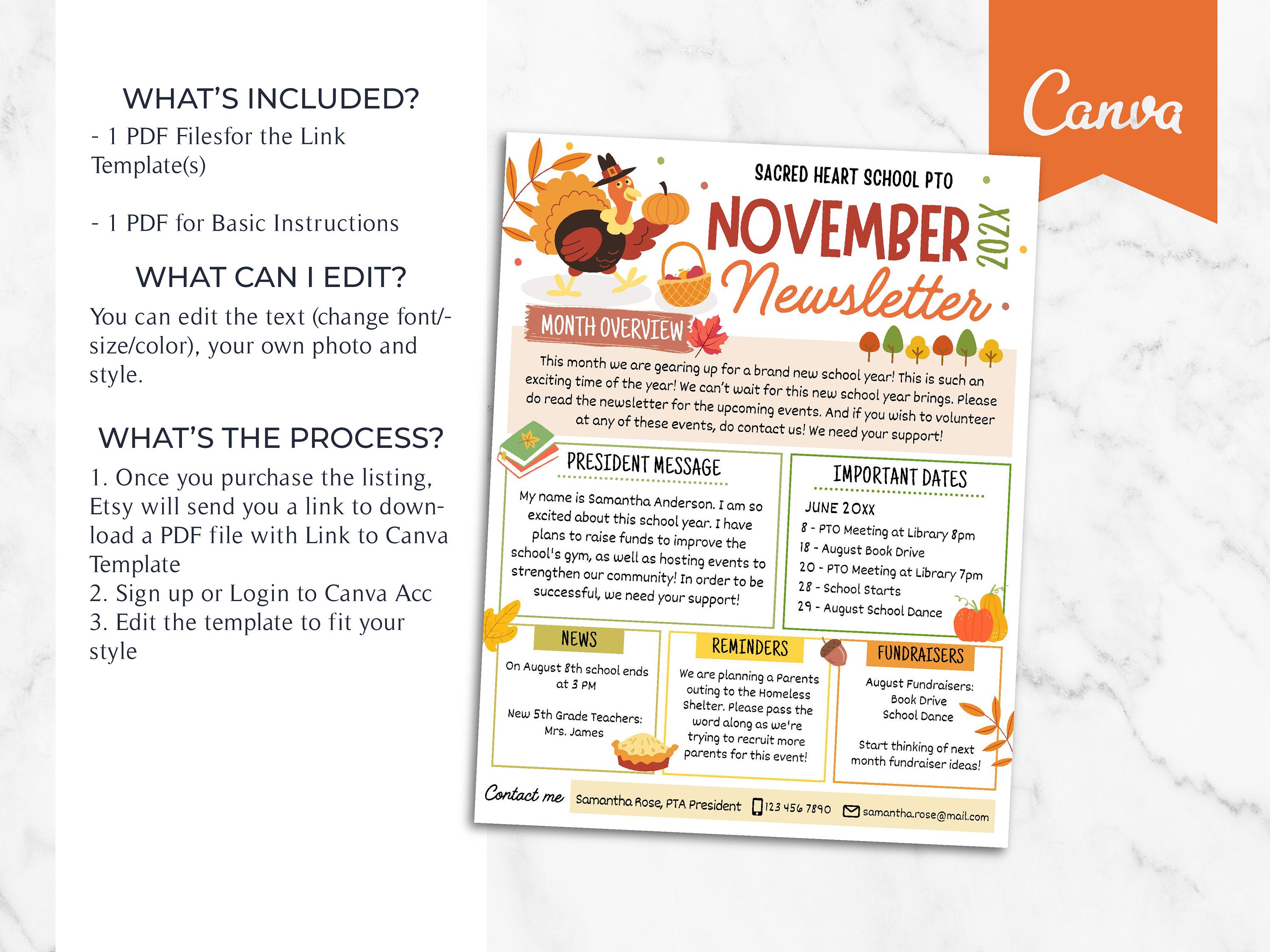 November PTO PTA Newsletter Flyer: Editable Canva Template (digital ...