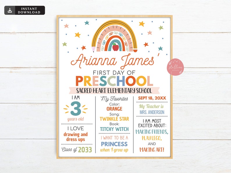 EDITABLE Rainbow Boho First Day of School Photo Prop, Printable Back to ...