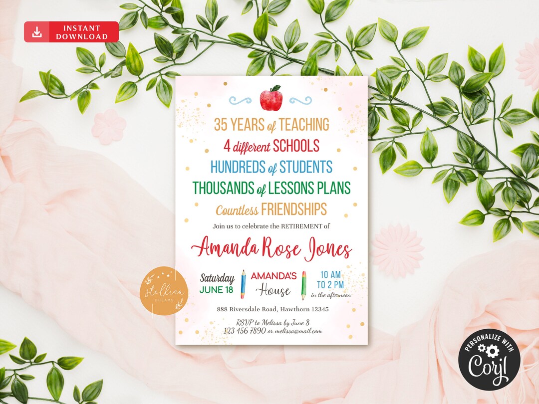 Editable Teacher Retirement Invitation, Printable Digital Teacher ...
