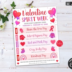 Editable Valentine School Spirit Week Itinerary Schedule, Daily Weekly ...