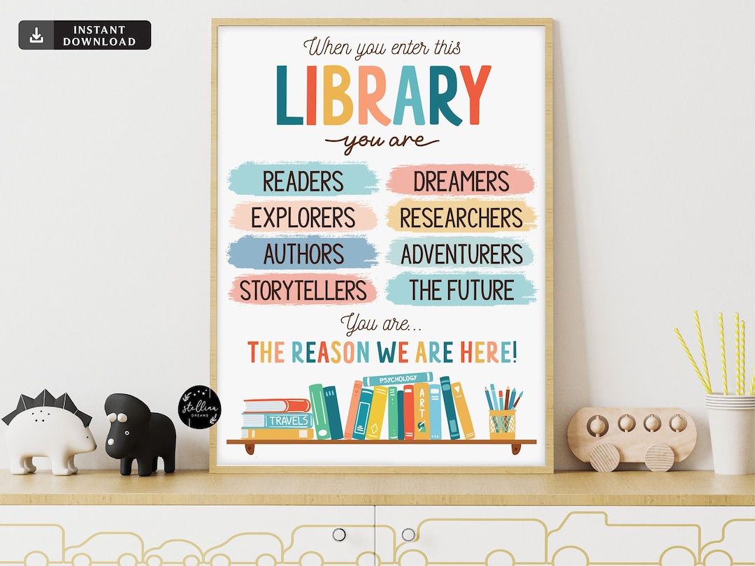 School Library Classroom Poster, Watercolor Librarian Decor, Technology ...