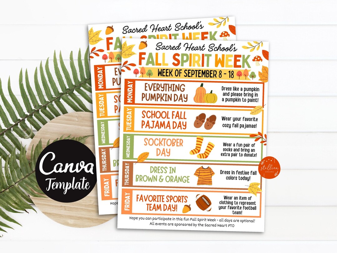 Fall Spirit Week Itinerary: Editable School Calendar (CANVA Template ...