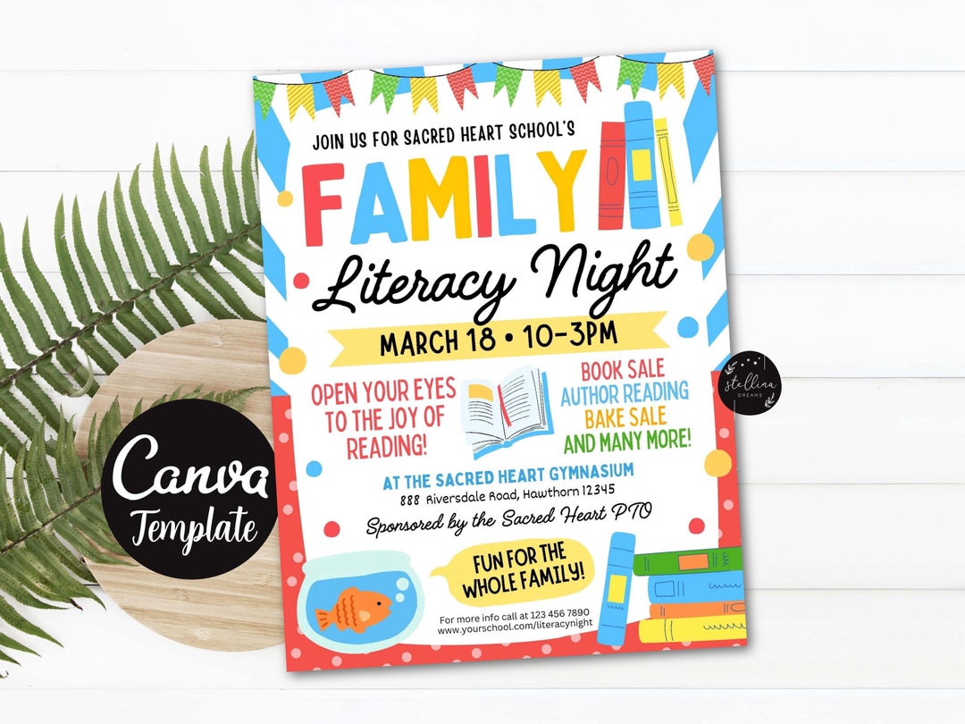 Editable CANVA Template Printable Family Literacy Night Flyer, PTA PTO ...
