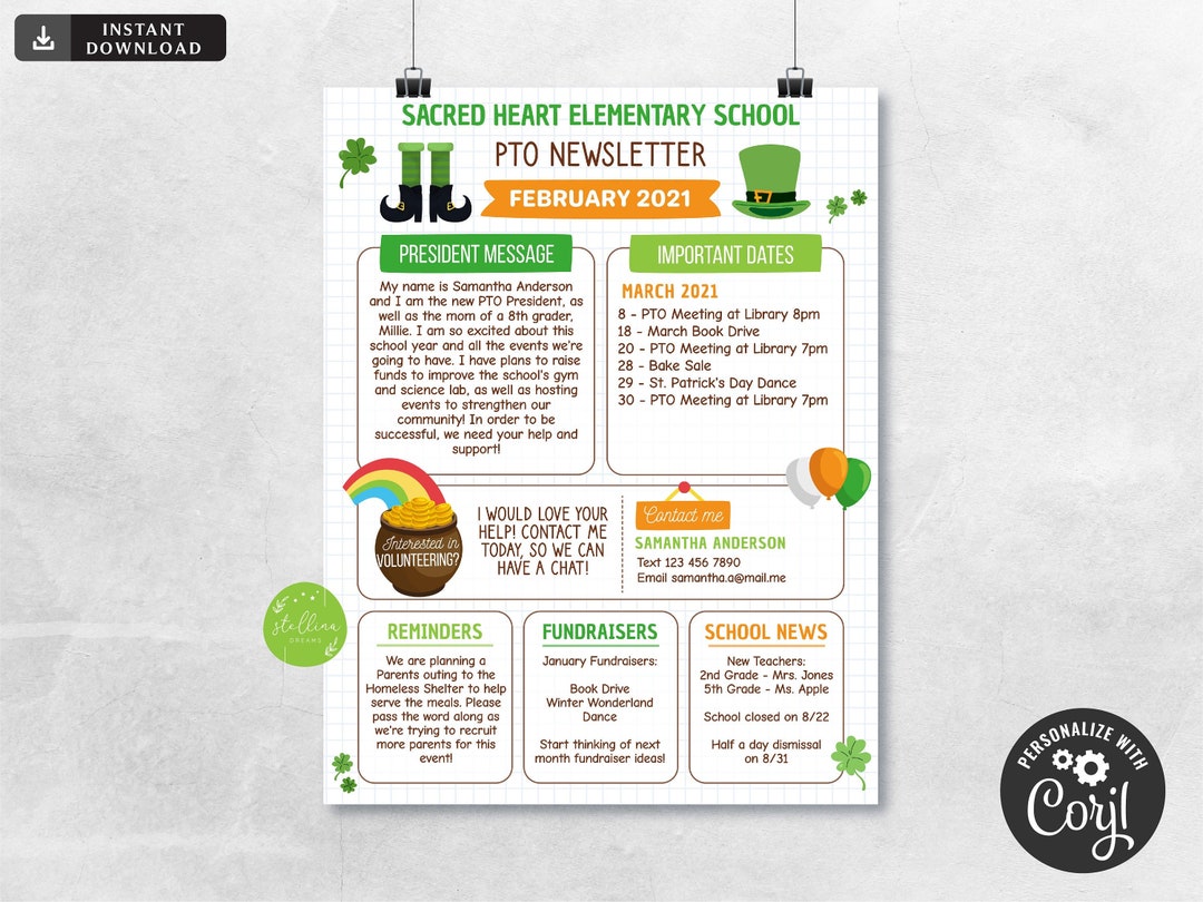 March PTO PTA Newsletter Flyer, St Patricks Day Printable Handout ...