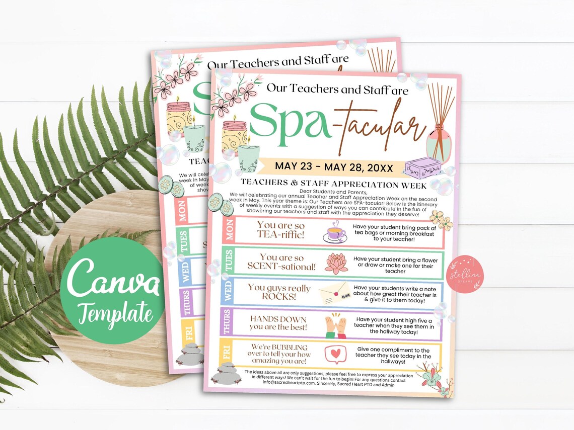 Editable Spa Themed Teacher Appreciation Week Itinerary Take Home Flyer ...