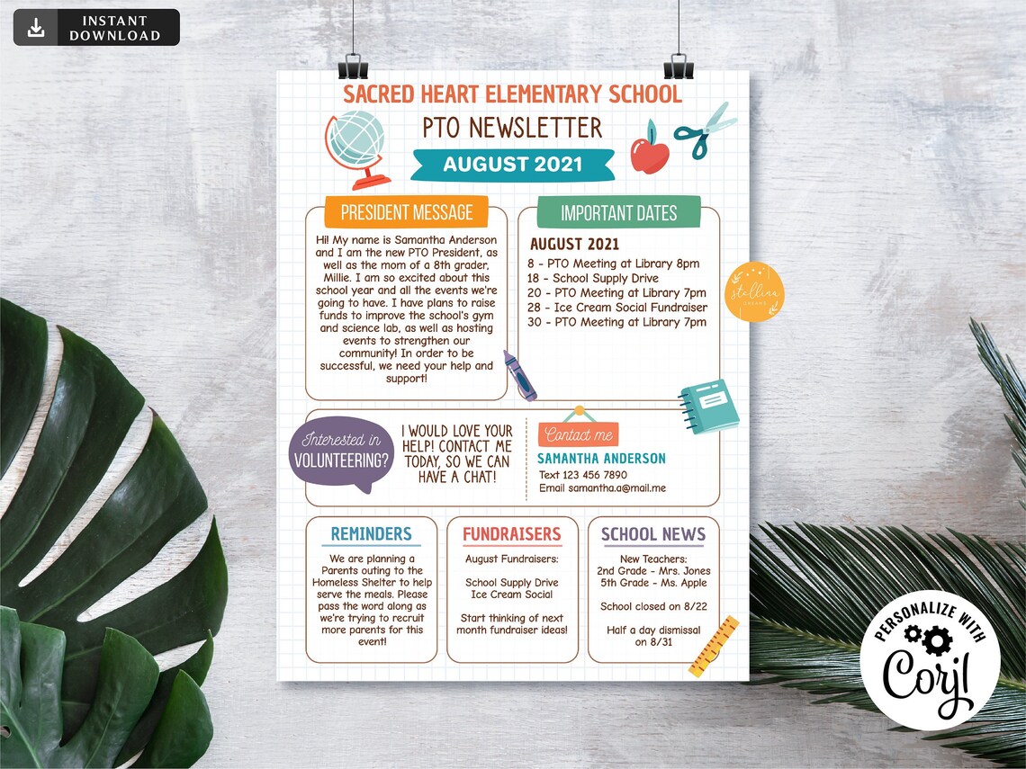 August PTO PTA Newsletter Flyer: Editable School Calendar (digital ...