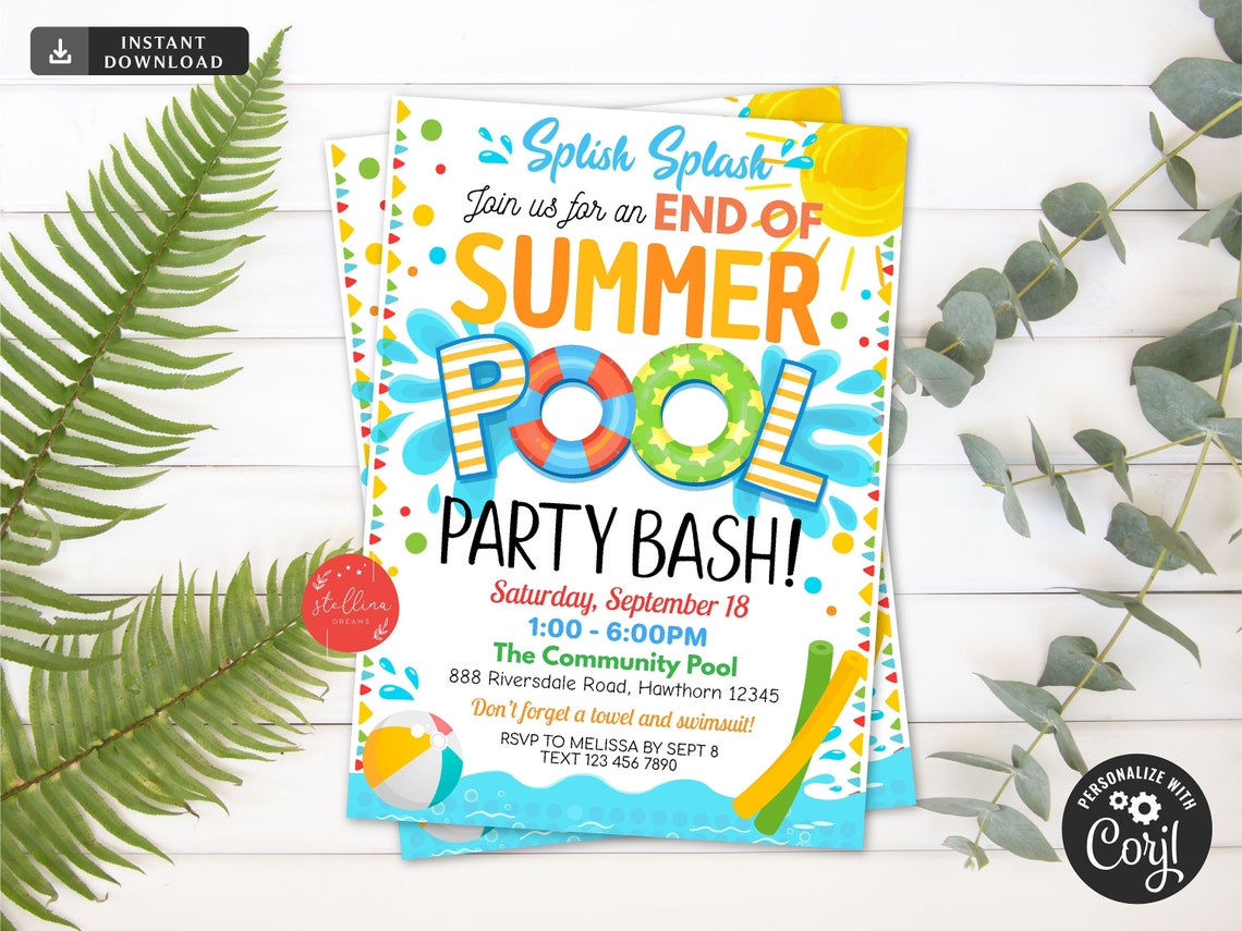 End Of Summer Pool Party Invitation Printable Digital Invite Etsy