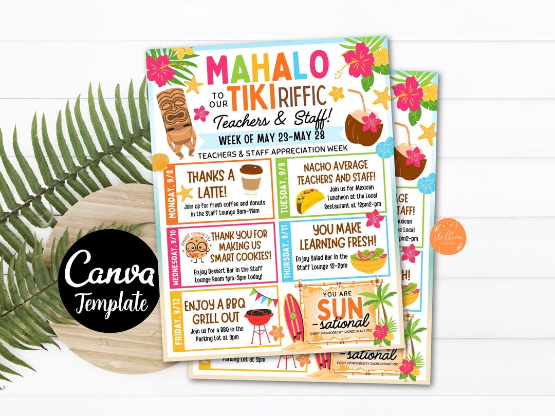 Editable Hawaiian Themed Teacher Appreciation Week Itinerary Beach ...