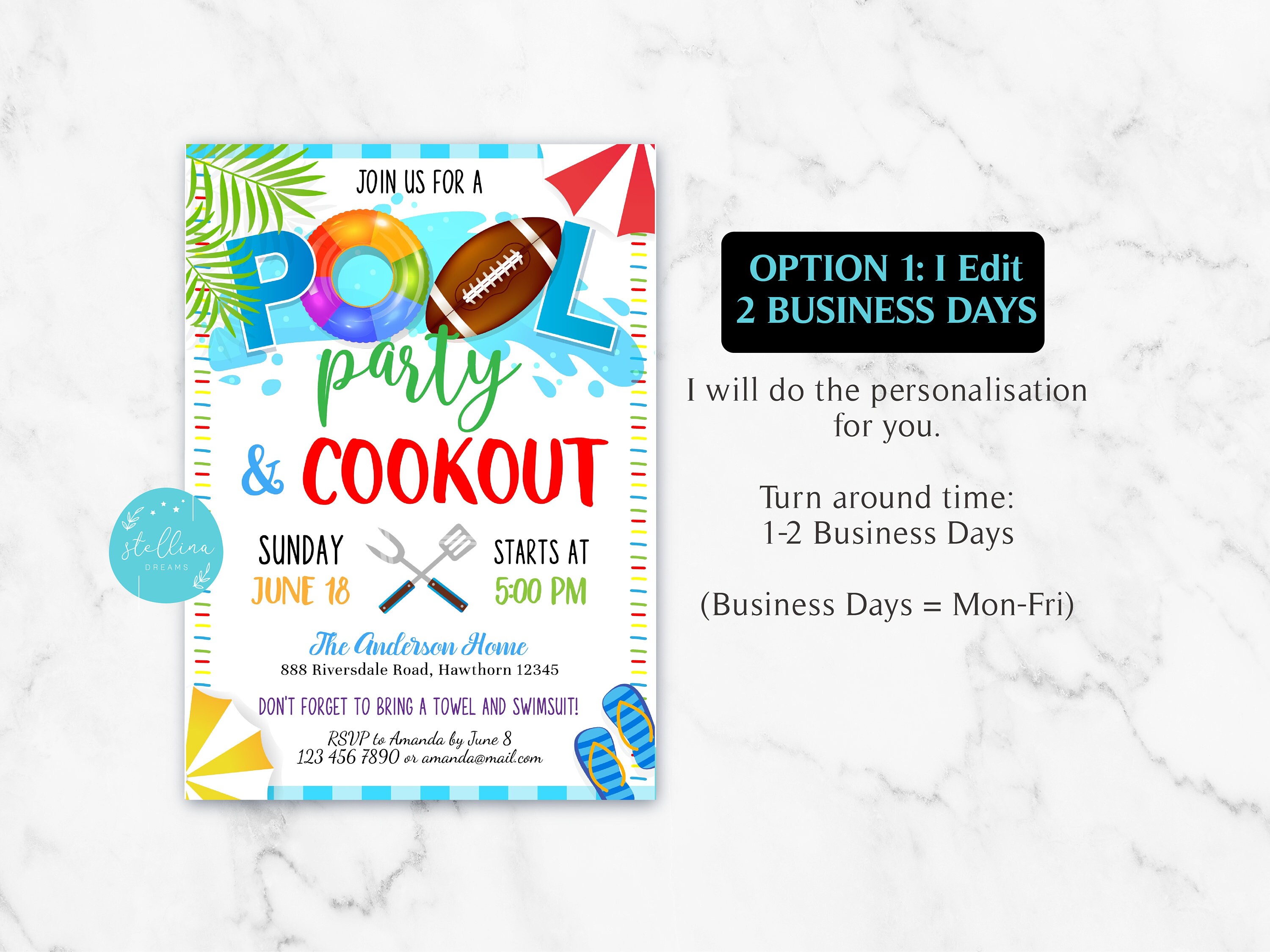 EDITABLE Summer Pool Football Party Invitation Back to School, Football ...