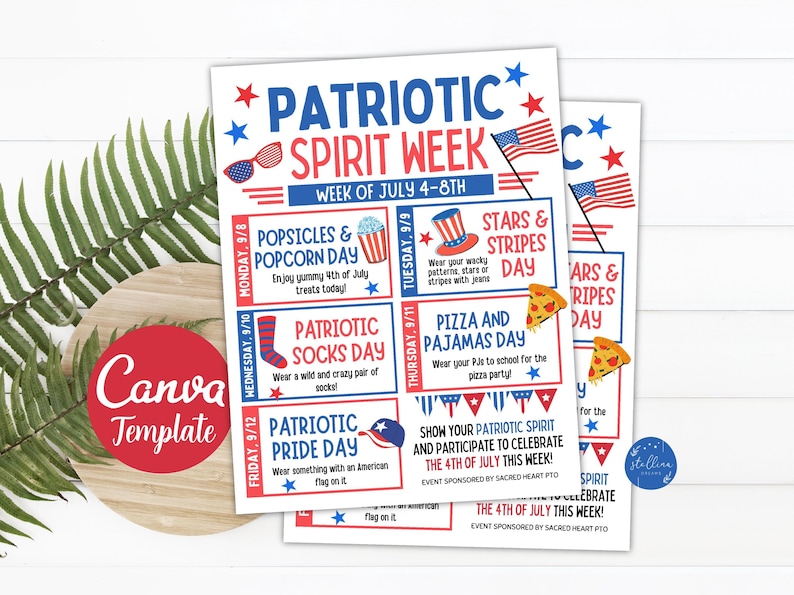 Patriotic School Spirit Week Itinerary: 4th of July Planner (canva ...