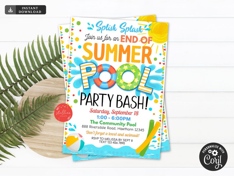 End of Summer Pool Party Invitation, Printable Digital Invite, Back to ...