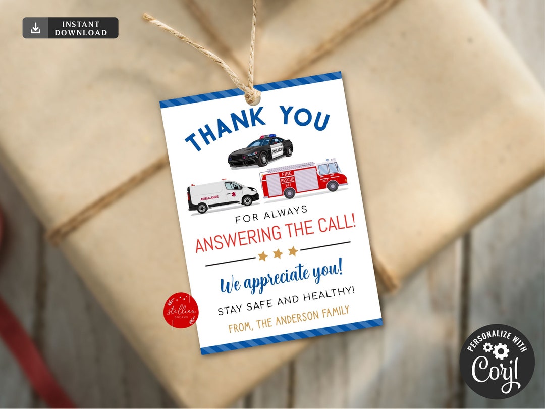 EDITABLE First Responders Appreciation Gift Tag, Thank You Gift ...