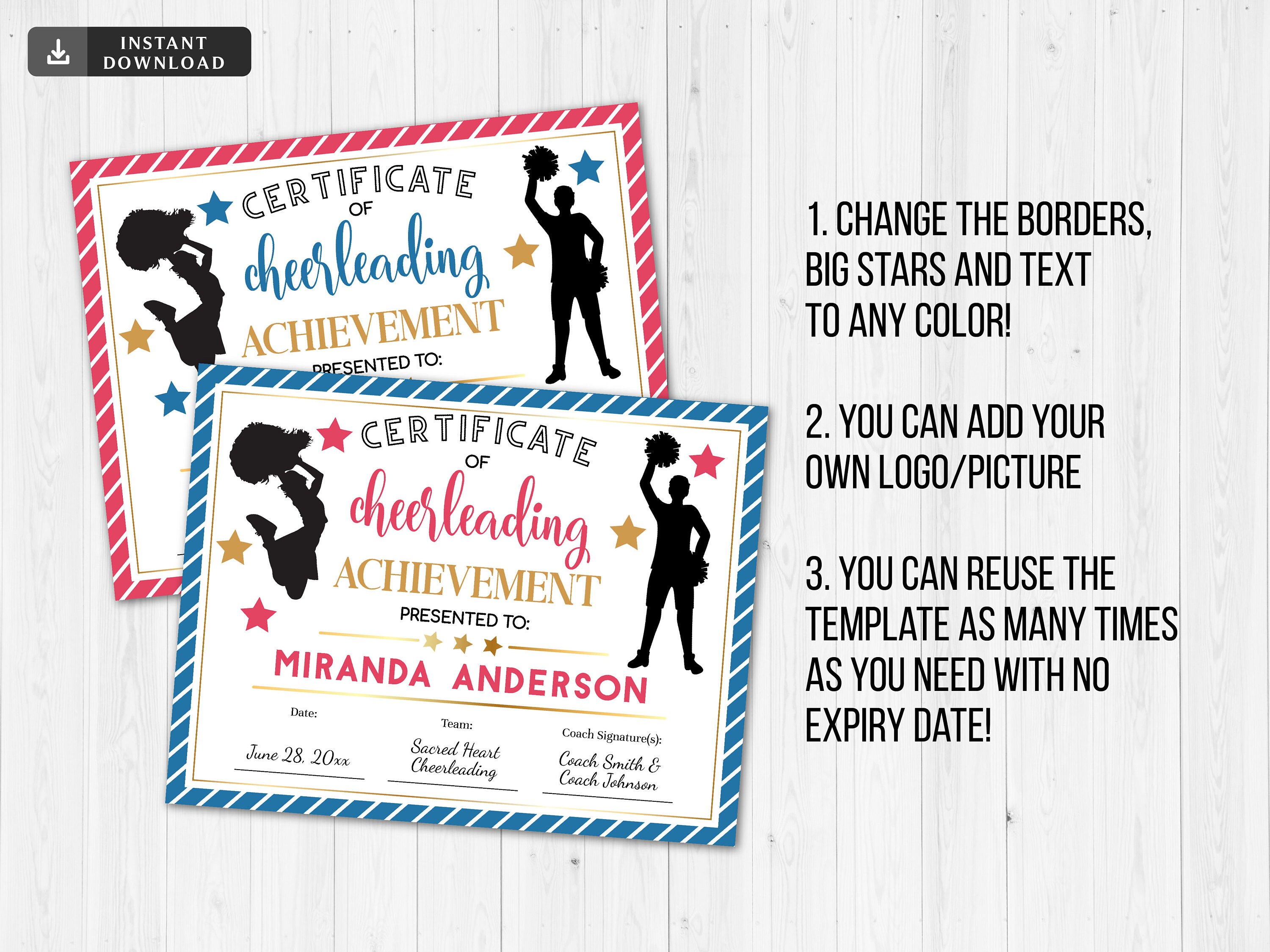 Editable Cheerleading Award Certificate: Sports Printable (digital ...