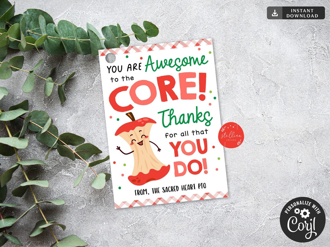You Are Awesome to the Core Editable Teacher Apple Gift Tags, Teacher ...