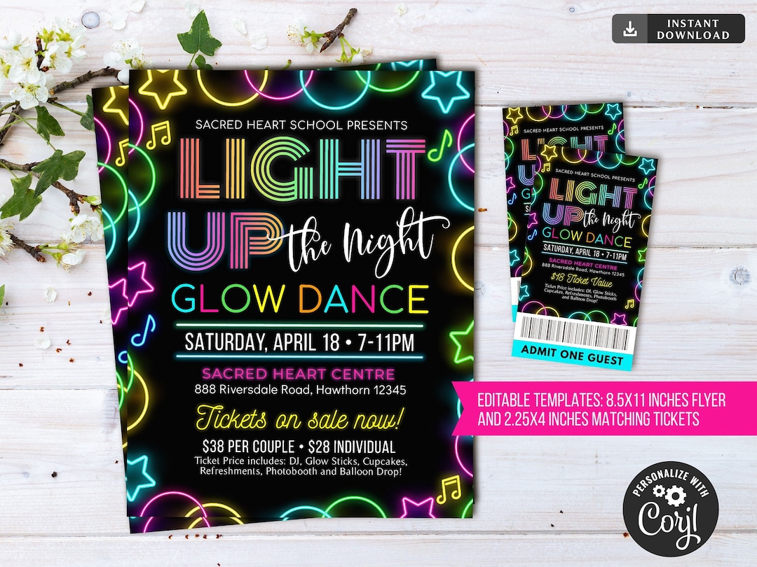 EDITABLE Glow Dance Set School Dance Flyer Party Invite, Church ...