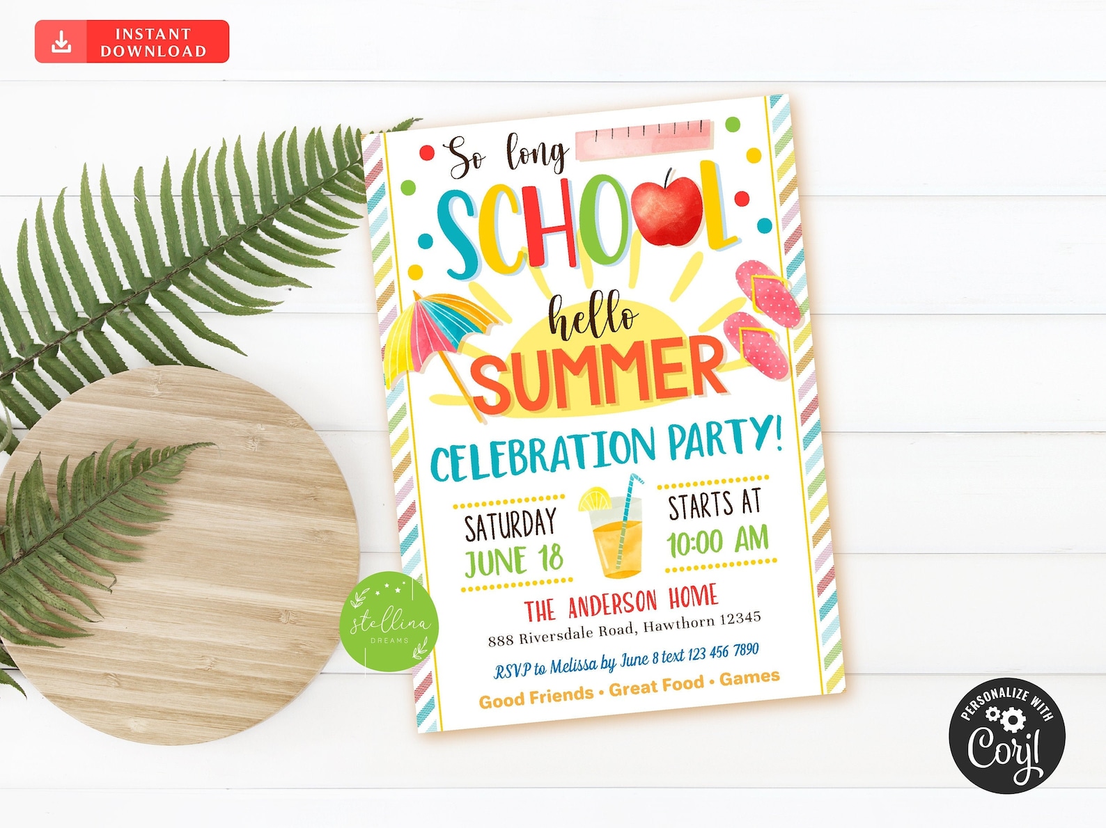 EDITABLE End of School Party Invitation, Goodbye School Hello Summer ...