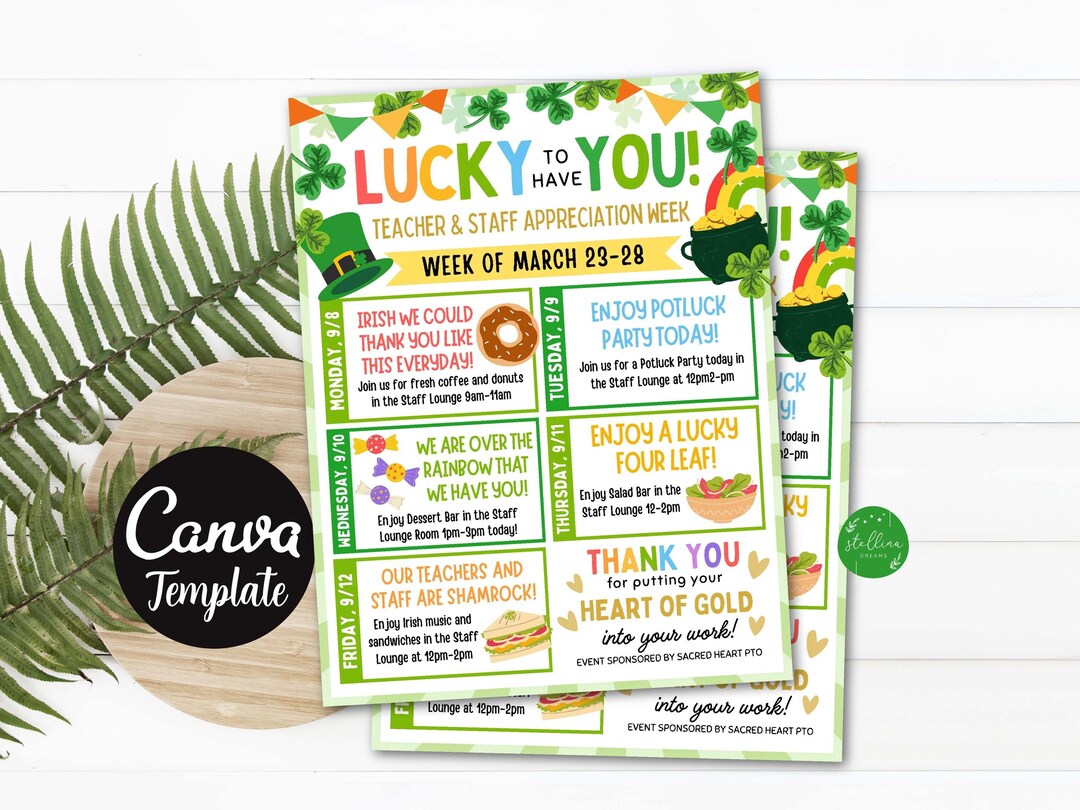 Editable St. Patricks Day Teacher Appreciation Week Itinerary Poster ...