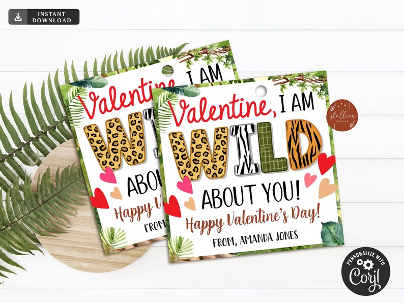 EDITABLE Valentine Gift Tags, Wild About You Jungle Valentine Day Tag ...