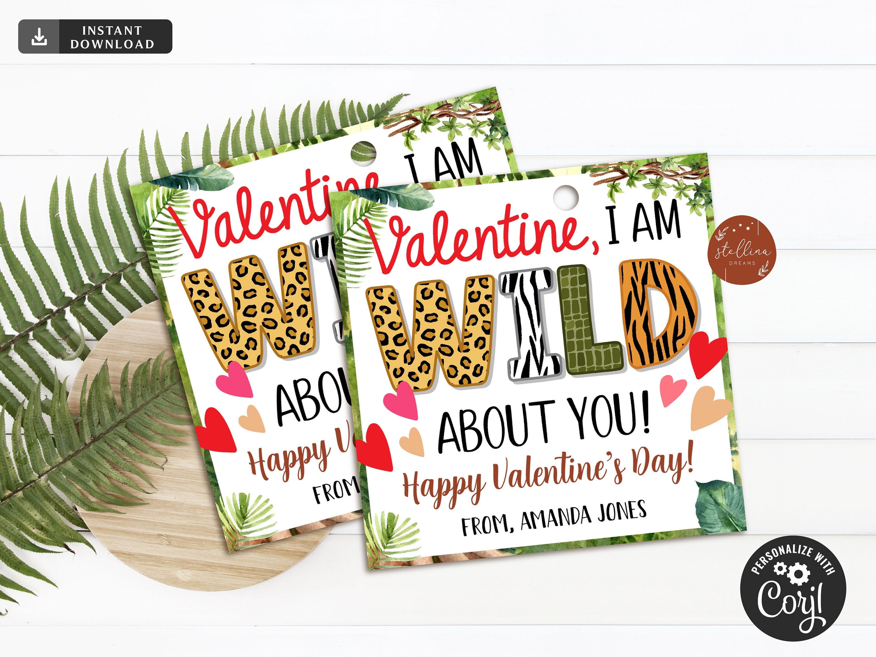 EDITABLE Valentine Gift Tags, Wild About You Jungle Valentine Day Tag ...