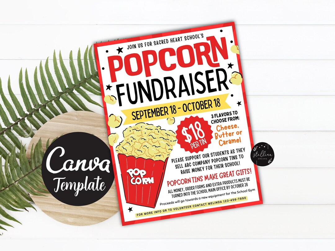Popcorn Fundraiser Flyer: School Event, Editable Canva Template ...
