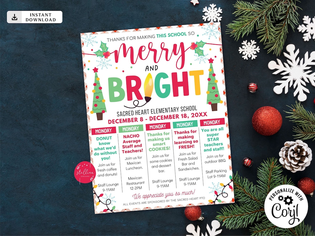 Editable Holiday Teacher and Staff Appreciation Itinerary Christmas ...