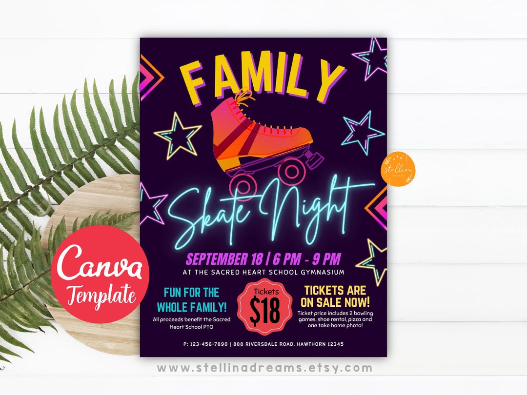 Editable Family Skate Night Flyer: Roller Skating Fundraiser (CANVA ...